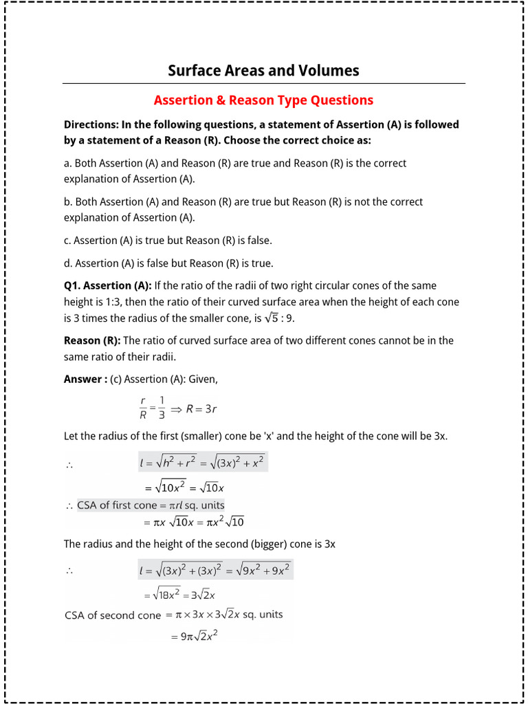 Assertion-Reason Questions on Surface Areas | PDF | Sphere | Area