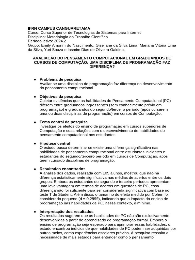 Atividade MTC | PDF | Pensamento | Informática