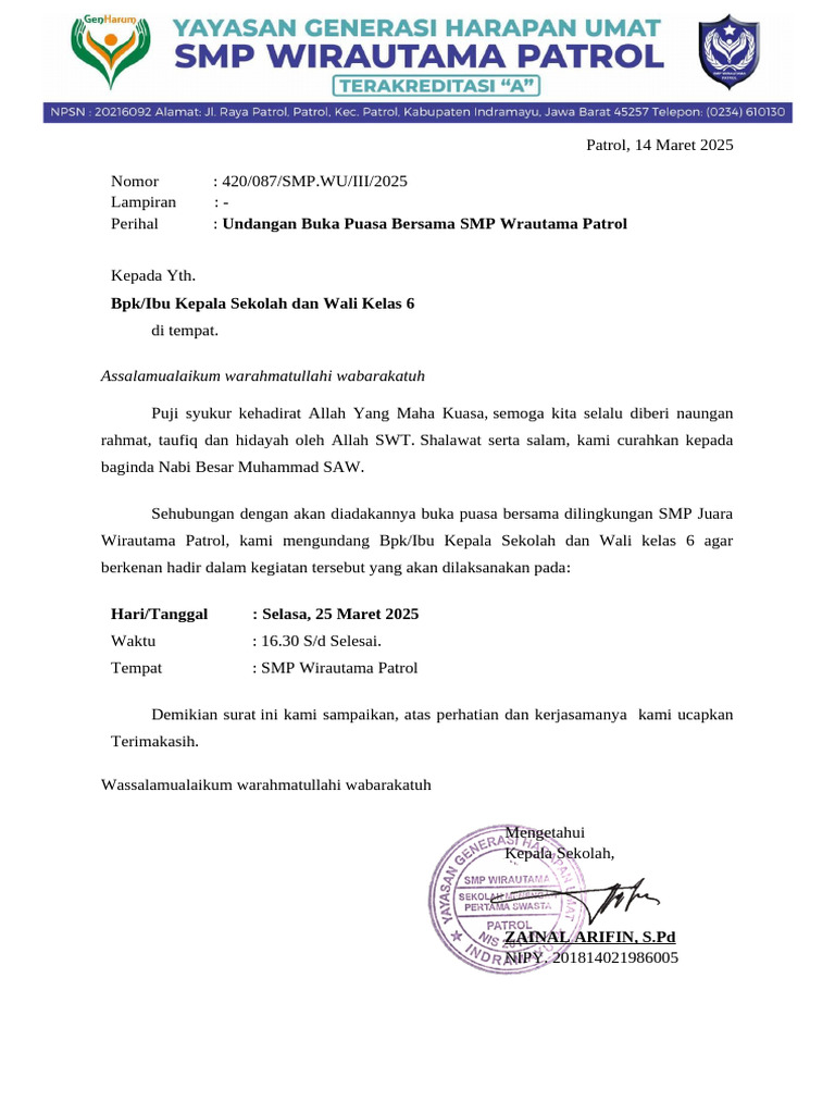 Undangan Buka Puasa SMP Wirautama | PDF