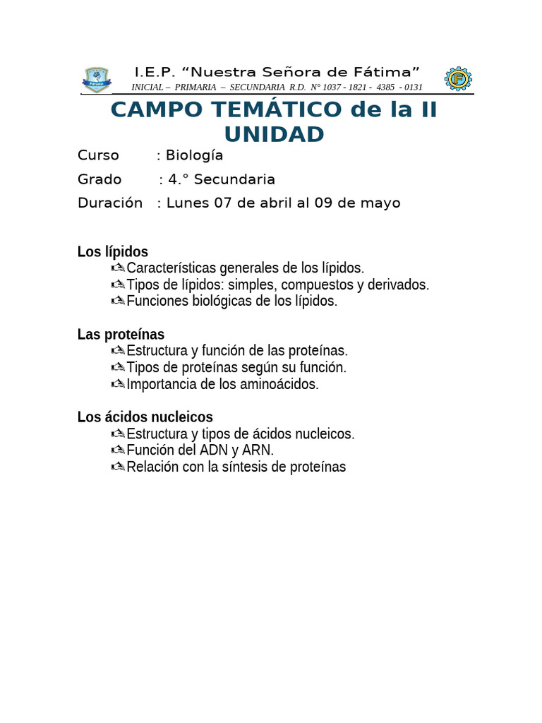 I Unidad - Campo Tematico de Biologia 4to Año | PDF