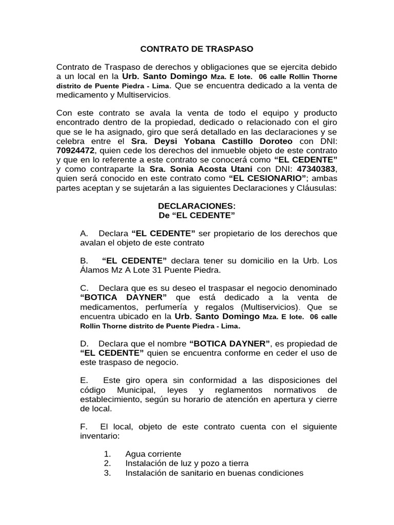 Contrato de Traspaso de Botica Dayner | PDF