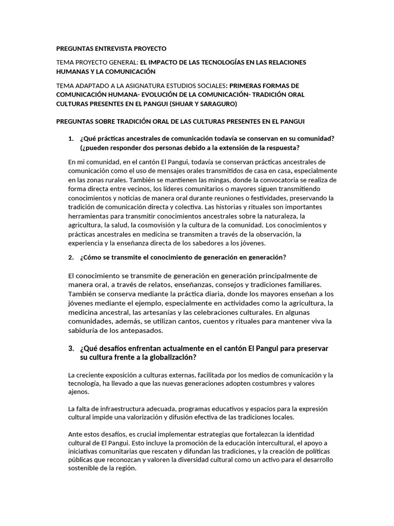 entrevista proyecto eess | PDF | Comunicación | Tradiciones