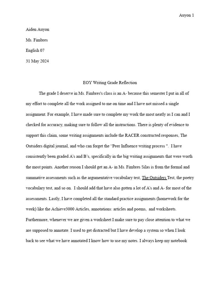 EOY Writing Grade Reflection | PDF