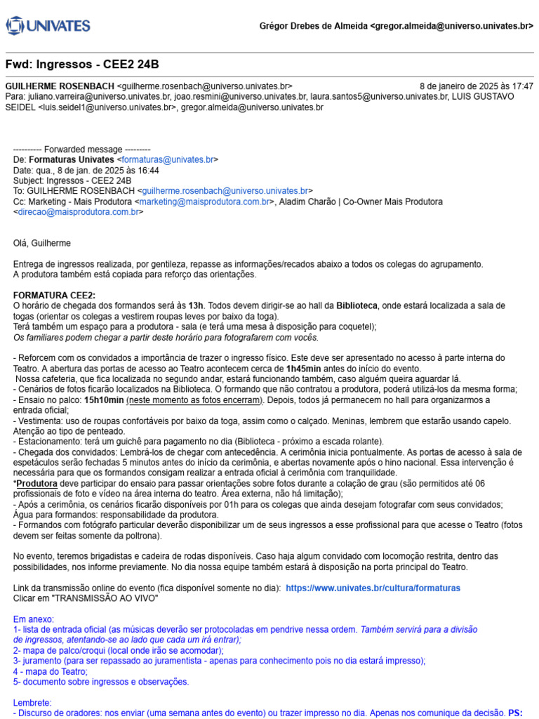 Ingressos e Orientações Formatura CEE2 | PDF