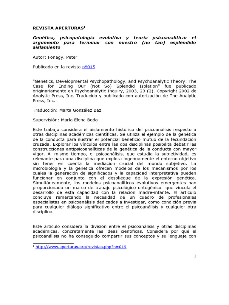 FONAGY, P. (2002) Genética, Psicopatología Evolutiva y Teoría ...