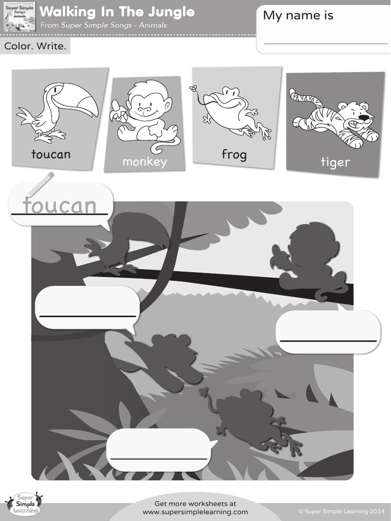 Walking in The Jungle Worksheet Color Find and Write BW | PDF