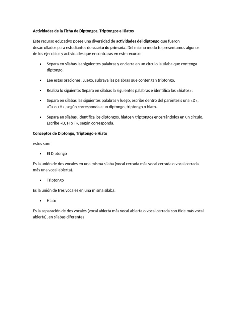Actividades de La Ficha de Diptongos | PDF