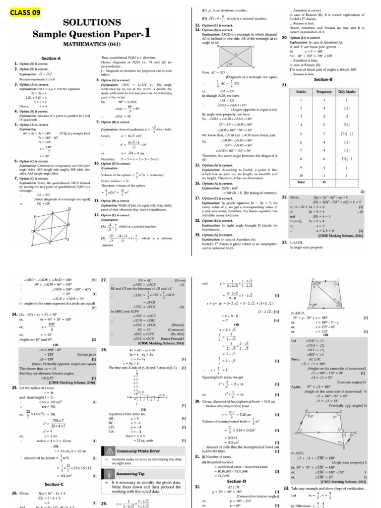 09 Maths Sample Paper 01,02,03 Sol | PDF