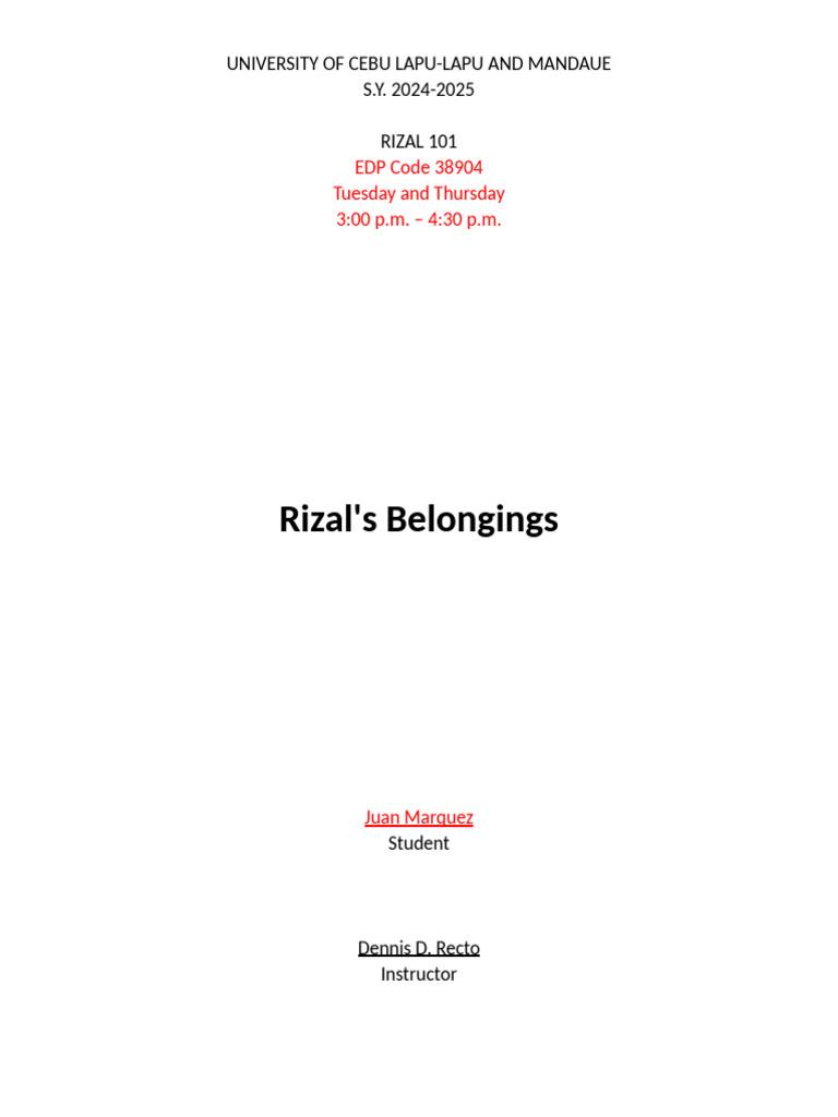 Rizal 101 Rizals Belongings | PDF