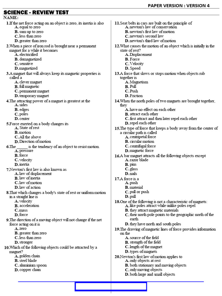 Review Test On Newtons 1ST Law of Motion | PDF | Force | Newton's Laws ...