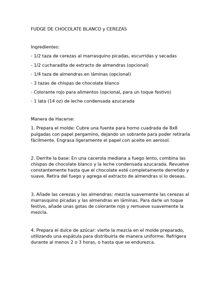 Fudge de Chocolate Blanco y Cerezas | PDF