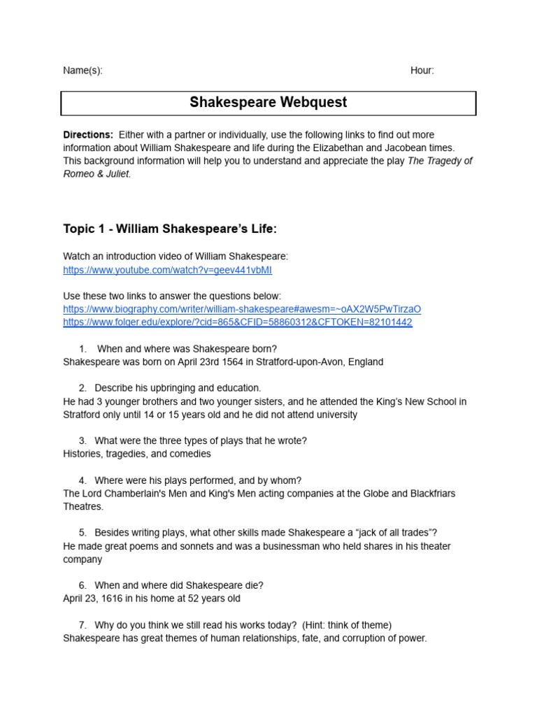 Joseph Wulterkens - Shakespeare Webquest | PDF | William Shakespeare ...