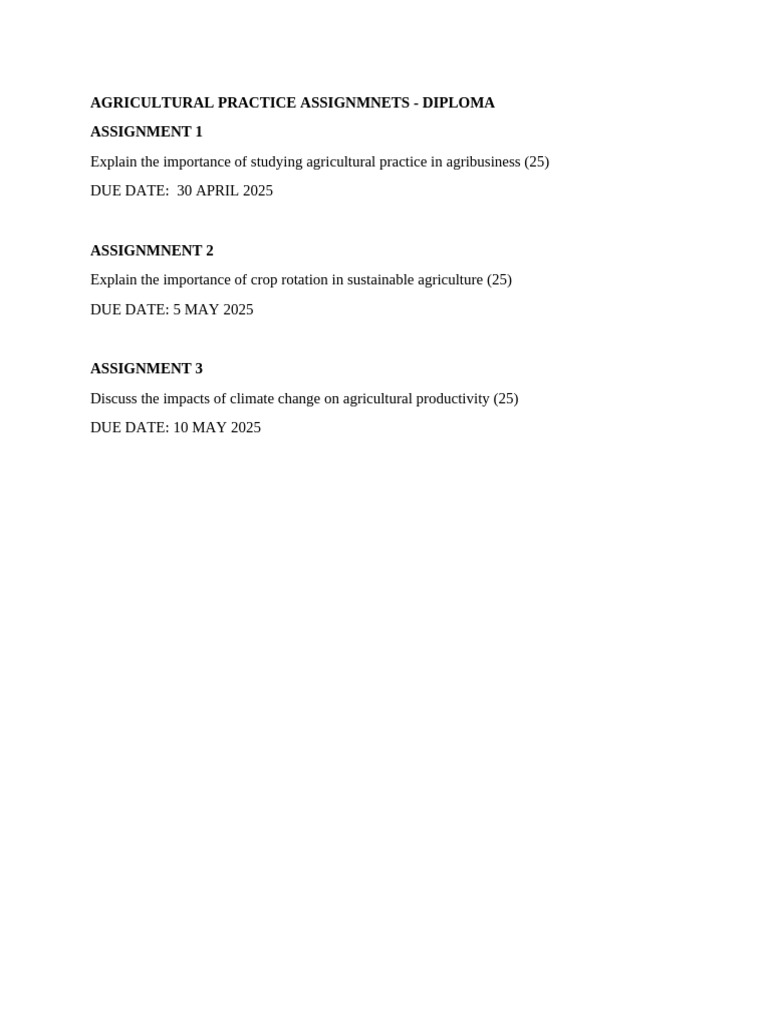 Agricultural Practice Assignmnets - Diploma | PDF
