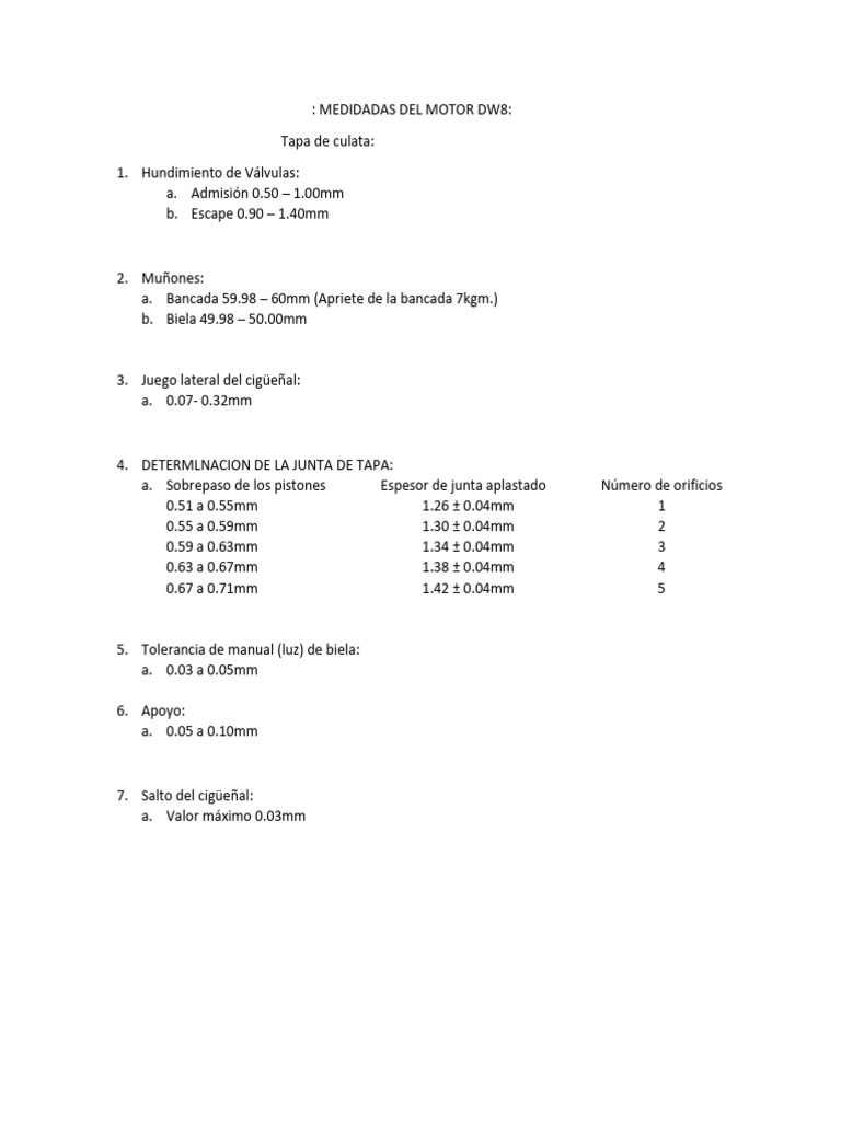 Medidadas Del Motor Dw8 | PDF