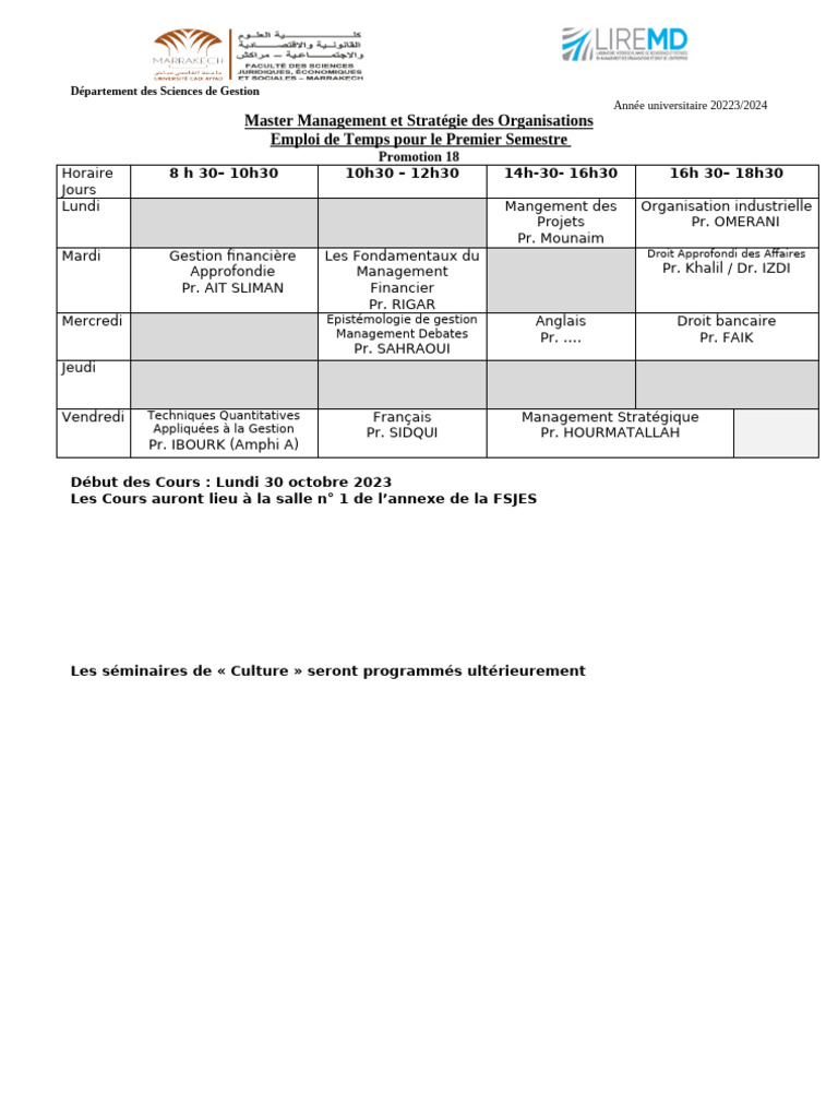 Emploi du temps S1 MSO P18 2022-23 | PDF