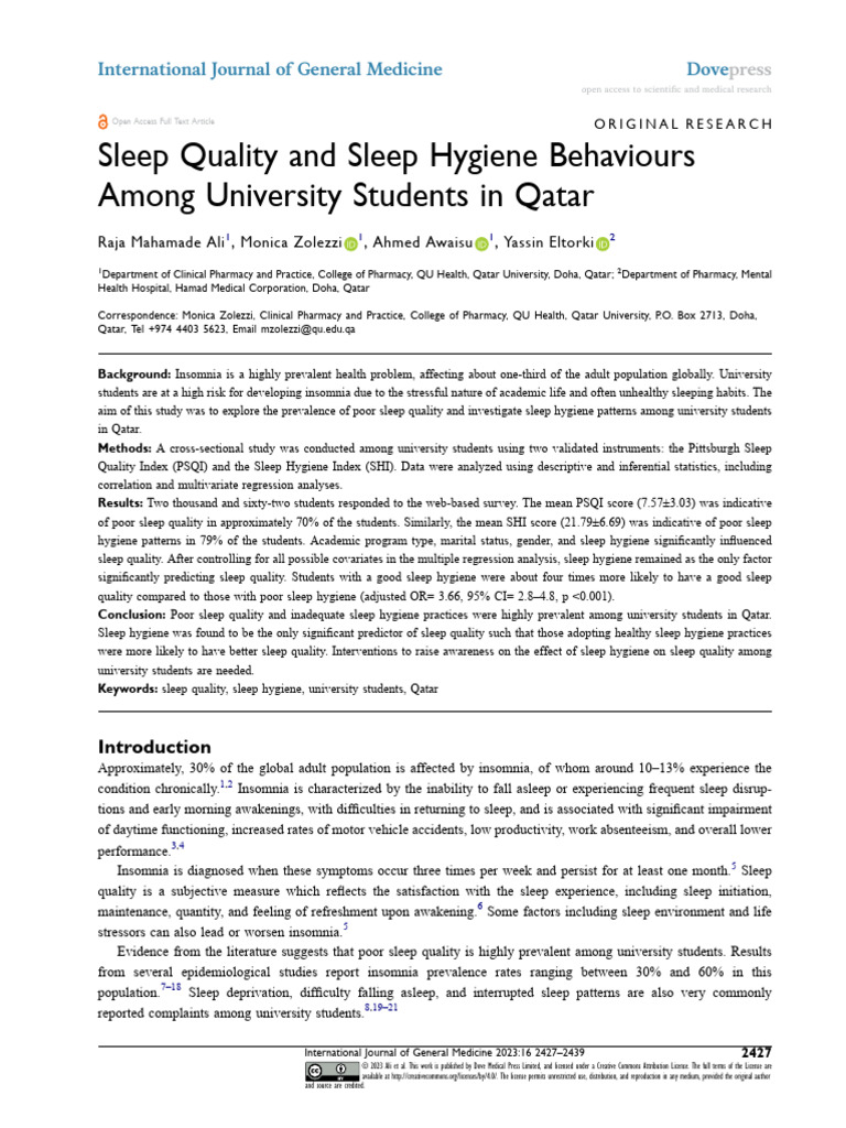 Sleep Quality and Sleep Hygiene Behaviours Among U | PDF | Sleep ...