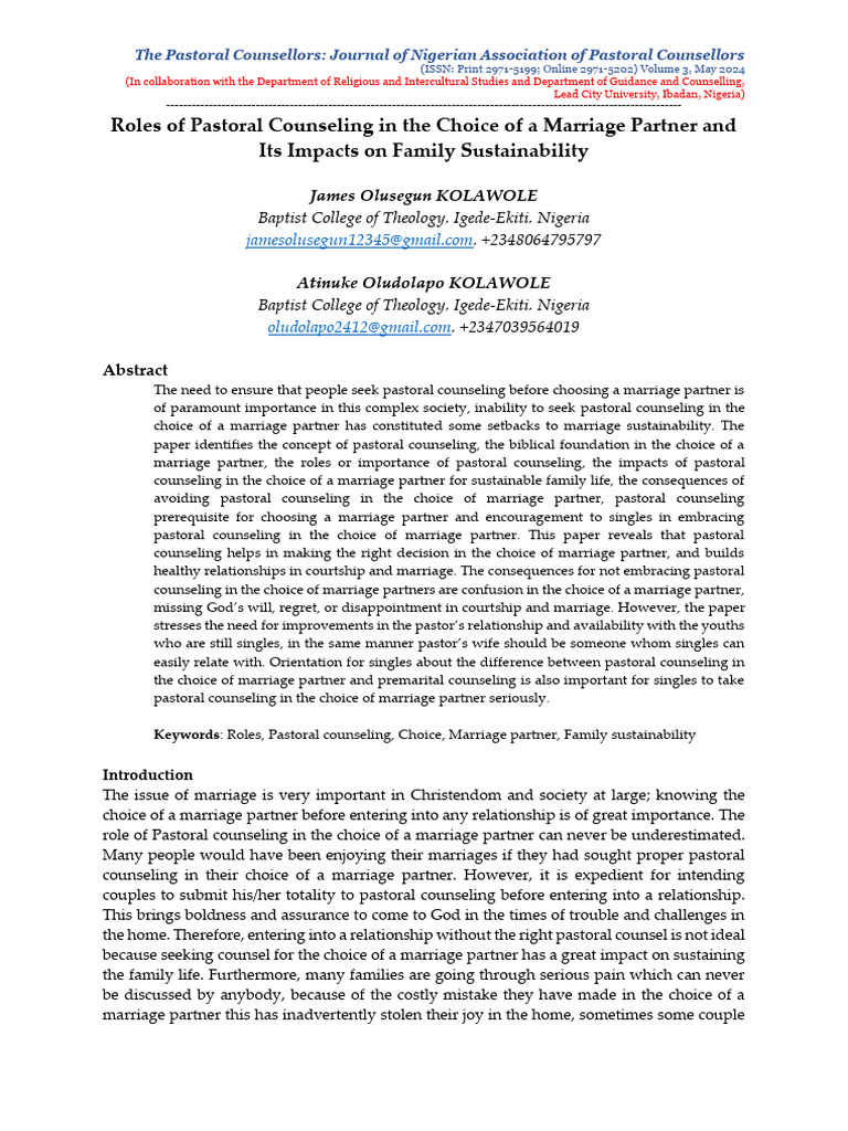 Roles of Pastoral Counseling in The Choice of A Marriage Partner and ...