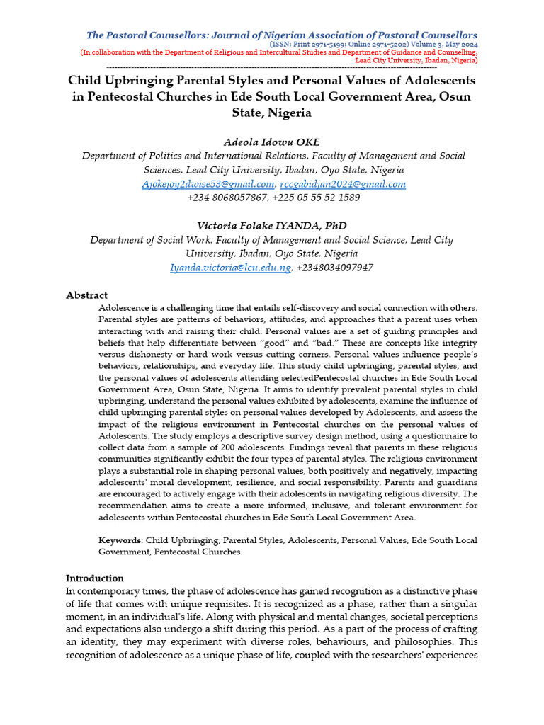 Child Upbringing Parental Styles and Personal Values of Adolescents in ...