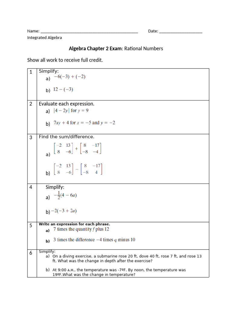 Algebra Chapter 2 Exam | PDF