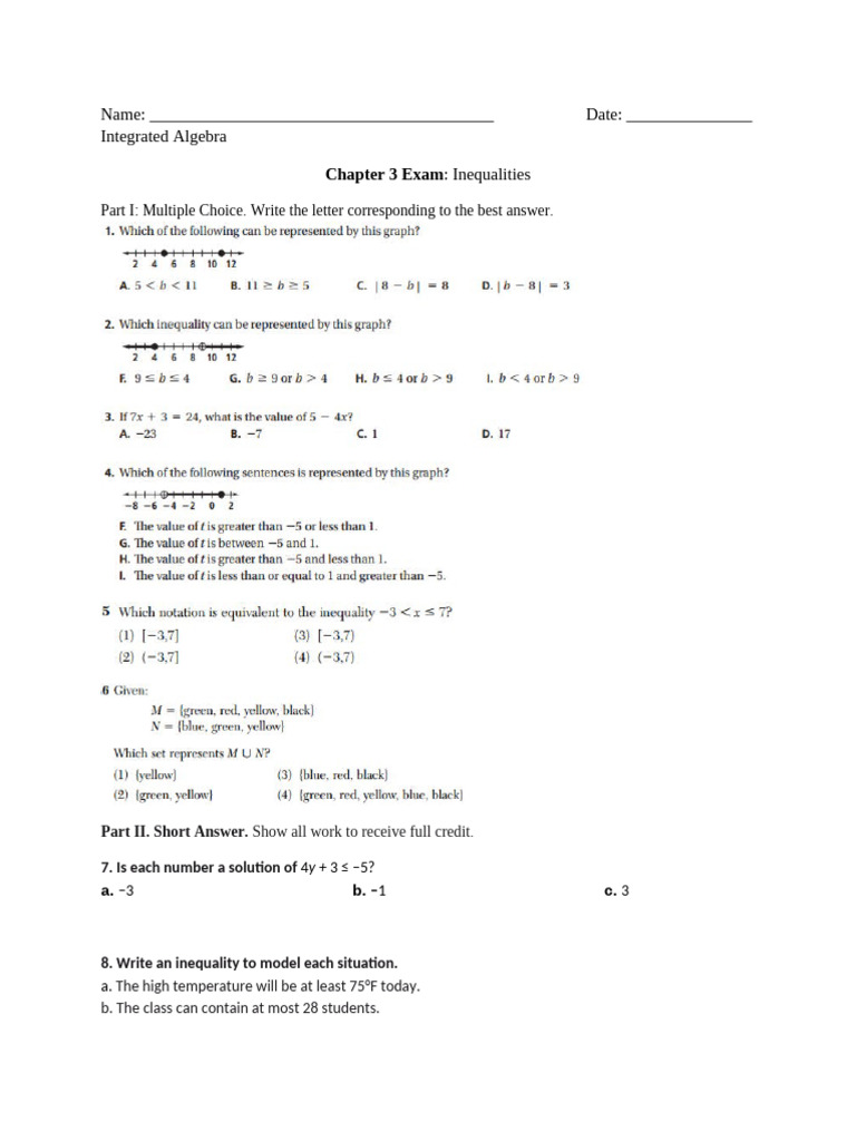 Algebra Chapter 3 Exam | PDF