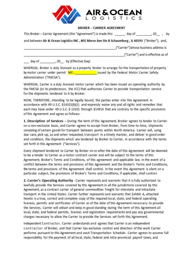Broker Carrier Agreement-PDF Air Ocean Logistics | PDF | Indemnity | Cargo