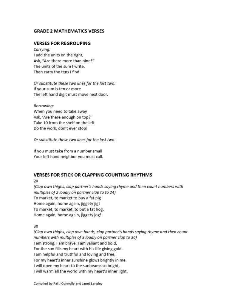 Grade 2 - Verses For Regrouping and Learning Multiplication Facts | PDF