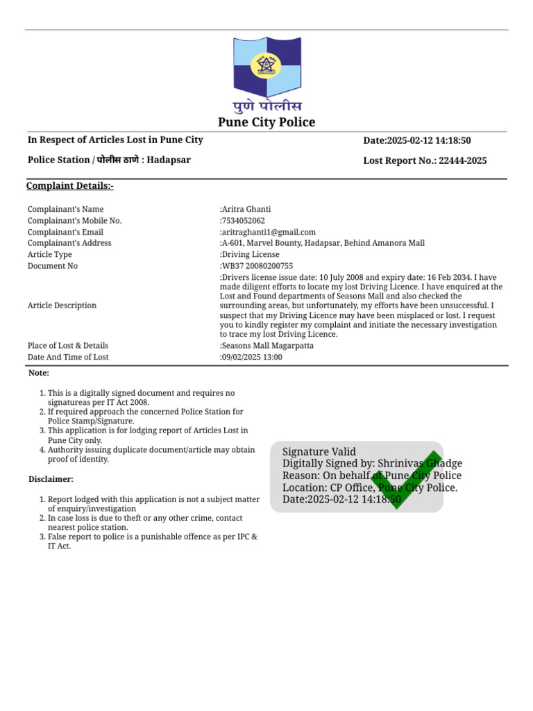 FIR For Lost Driving Licence Aritra | PDF | Driver's License | Misconduct