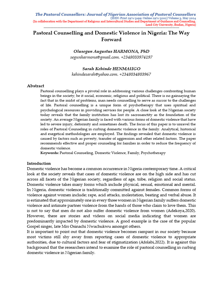Pastoral Counselling and Domestic Violence in Nigeria: The Way Forward | PDF | Domestic Violence ...