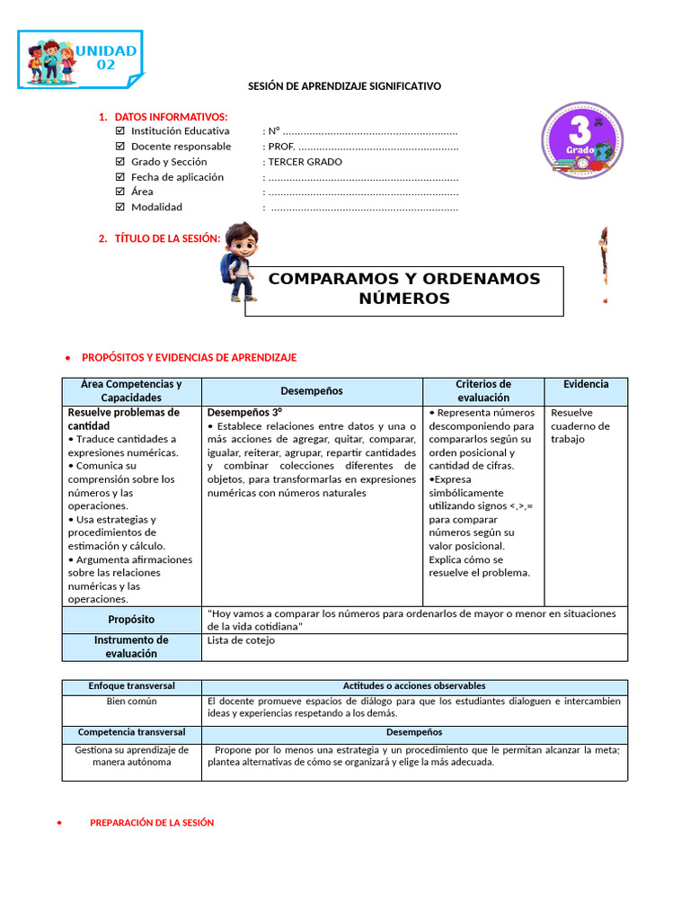 3. MIERCOLES B - SESIÓN - MATE - Comparamos y ordenamos números | PDF | Evaluación | Aprendizaje