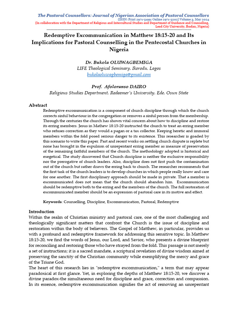 Redemptive Excommunication in Matthew 18:15-20 and Its Implications For ...