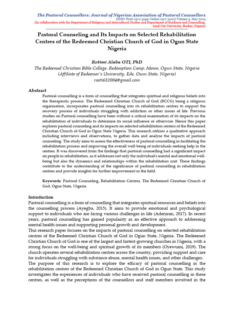 Pastoral Counseling and Its Impacts On Selected Rehabilitation Centres ...