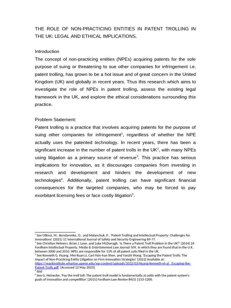 Research Proposal On Patent Troll | PDF