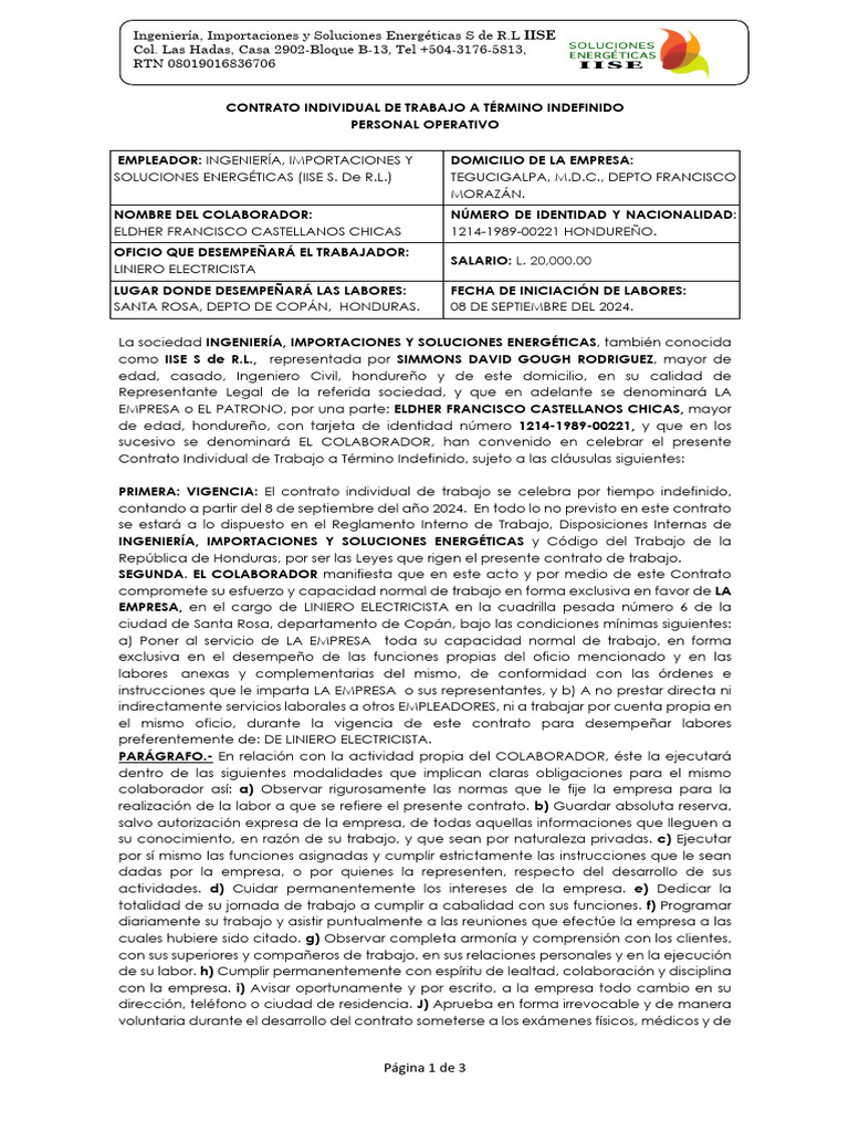 Contrato Eldher Francisco Chicas | PDF | Derecho laboral | Business