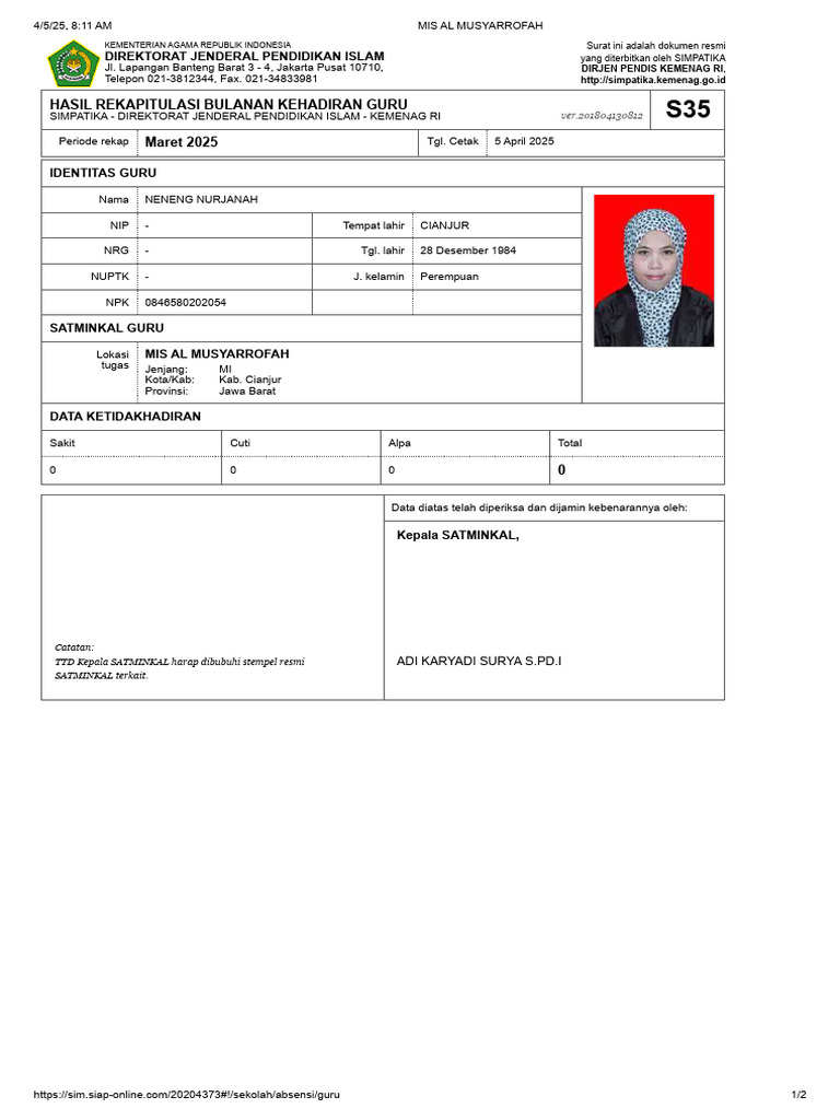 S35 Maret 2025 Bu Neneng | PDF