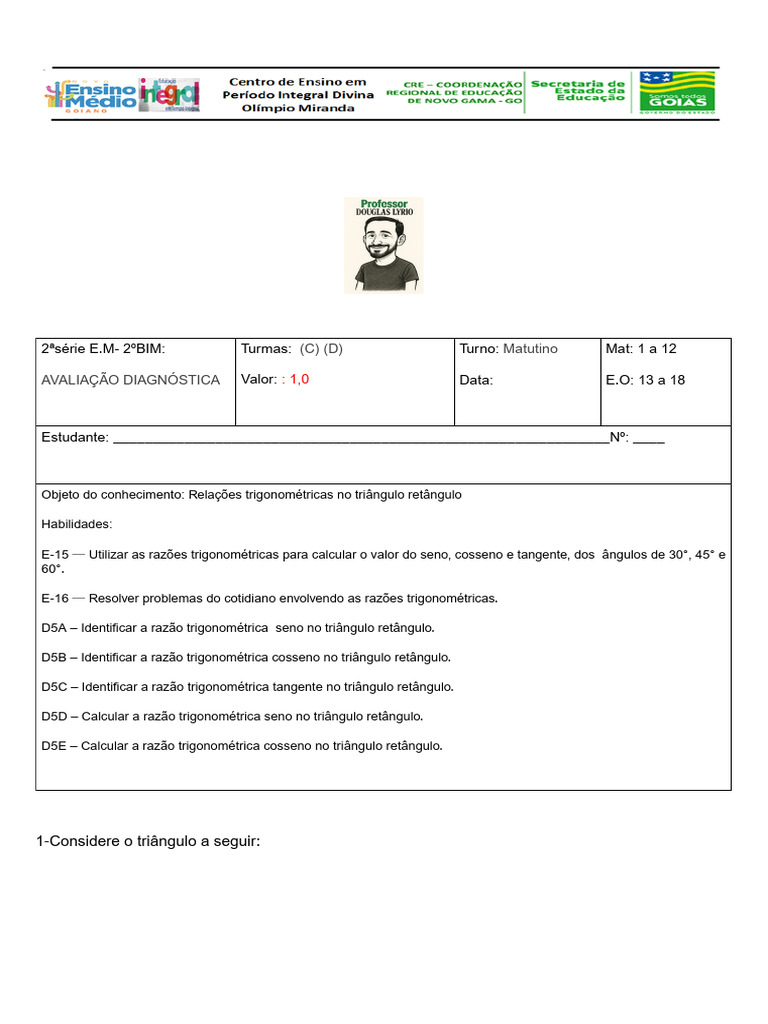 Exerc 2 ano 2bimestre.docx_20250412_162328_0000 | PDF | Trigonometria | Triângulo