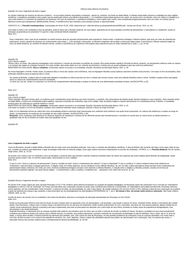 Prova Discursiva FILOSOFIA Uninter Corrigida | PDF | Empiricismo | Moralidade