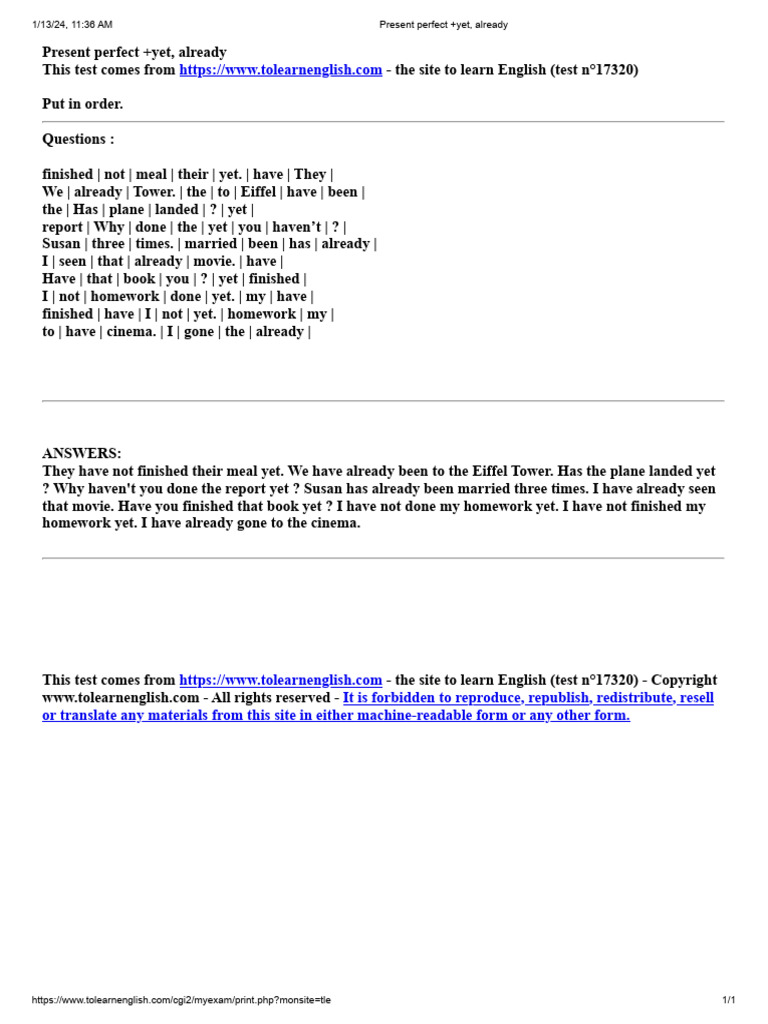 Present Perfect +yet, Already | PDF