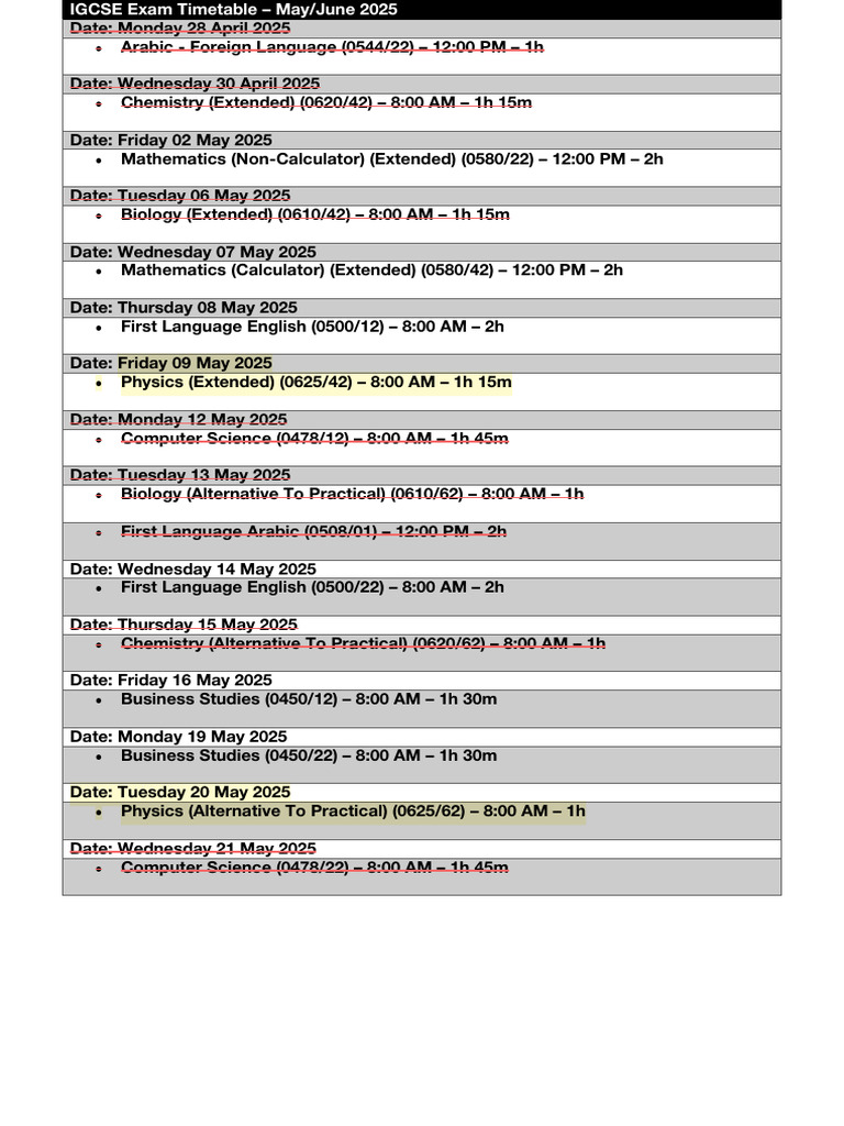 IGCSE Exam Timetable | PDF