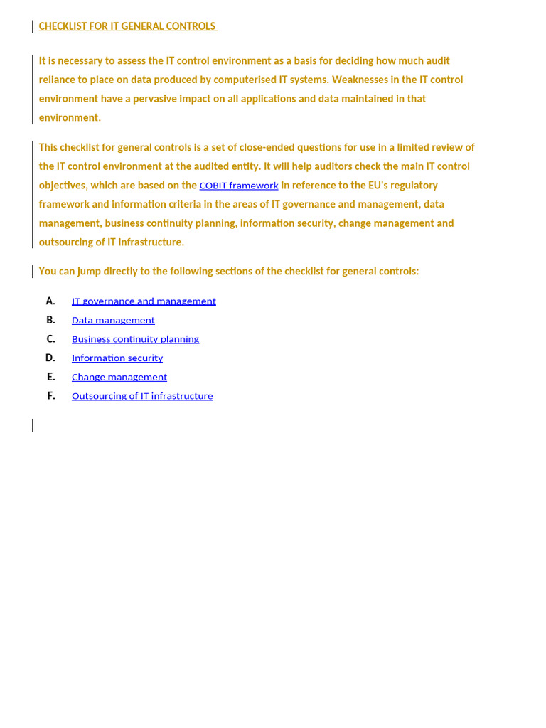 IT General Controls Audit Checklist | PDF | Information Security | Security