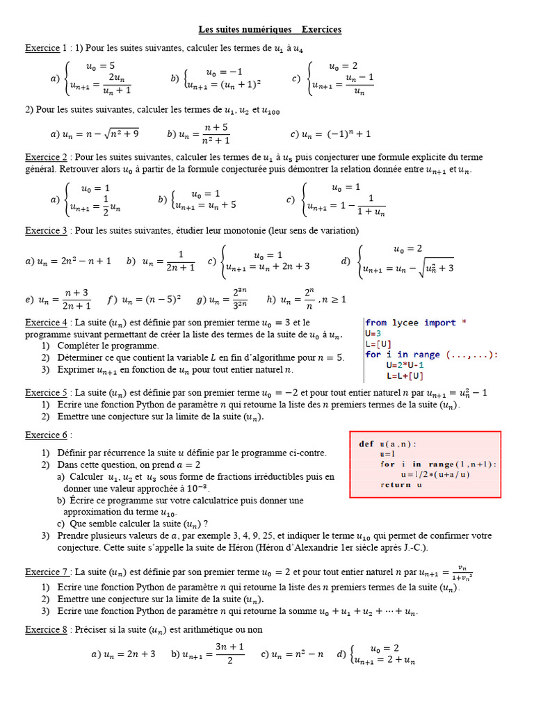 1 - Les suites numériques_Exercices | PDF | Somme (arithmétique ...