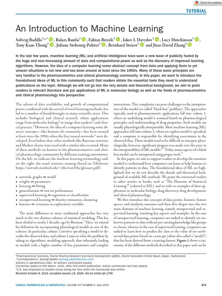 Clin Pharma and Therapeutics - 2020 - Badillo - An Introduction To Machine Learning | PDF ...