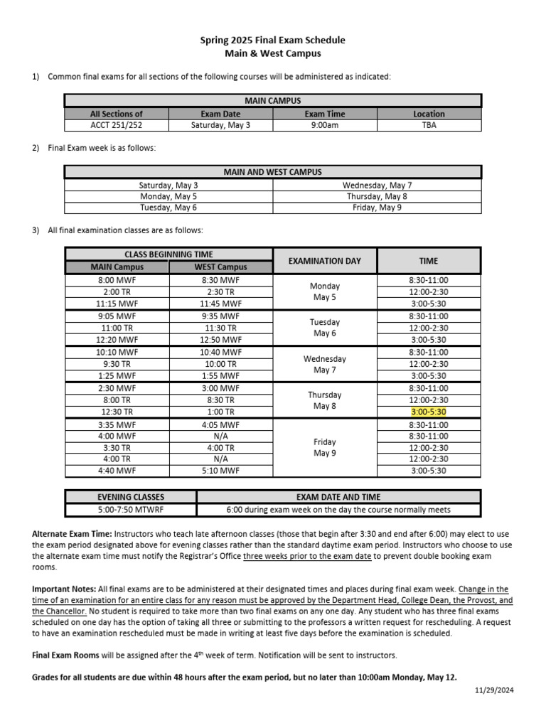 WCU Spring 2025 Final Exam Schedule | PDF | Qualifications | Tests