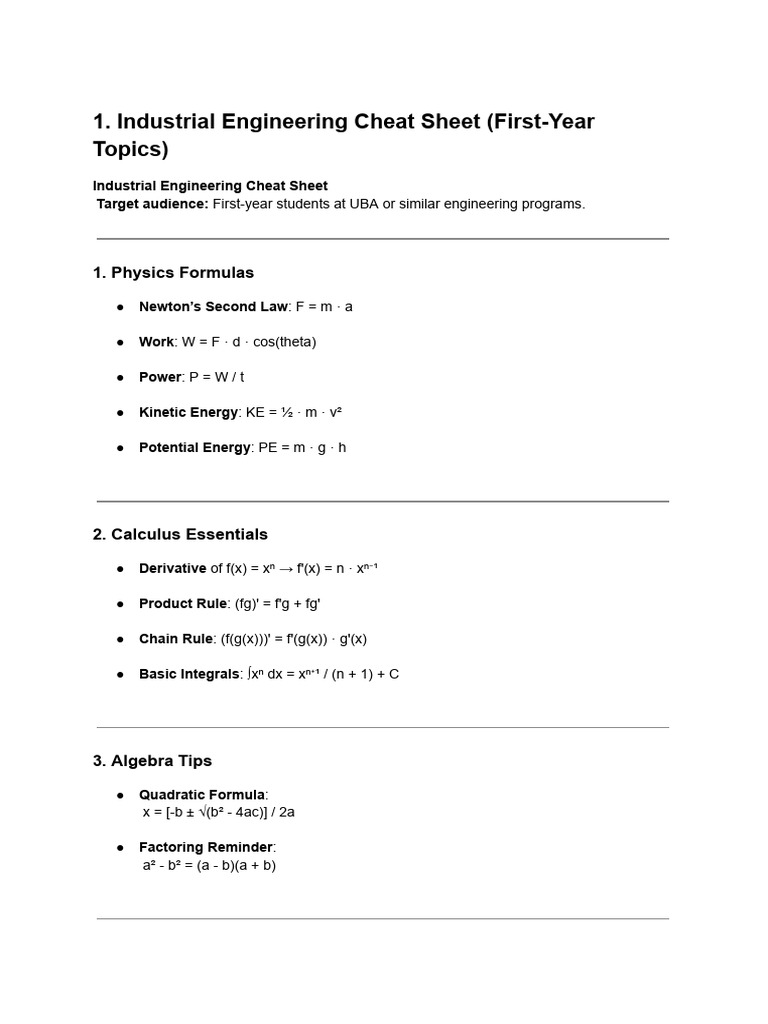Industrial Engineering Cheat Sheet (First-Year Topics) | PDF