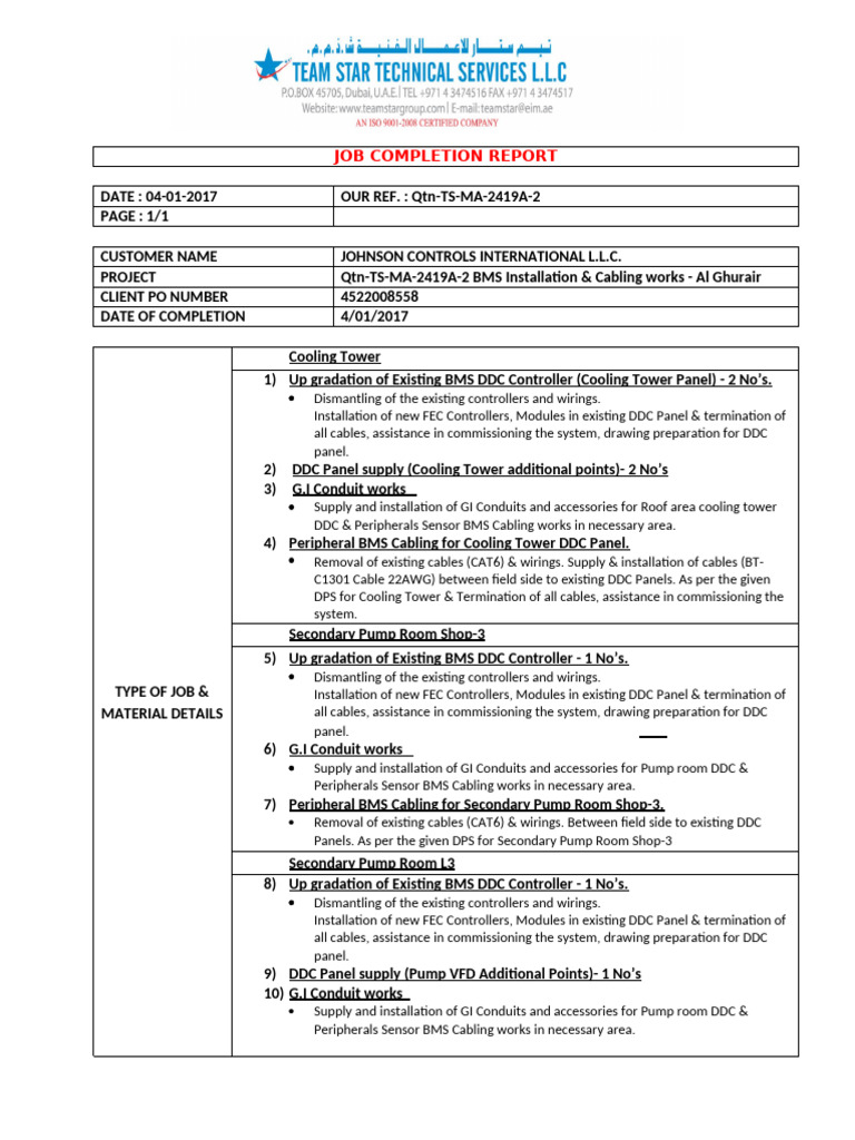BMS Installation Job Completion Report | PDF | Machines | Electrical ...