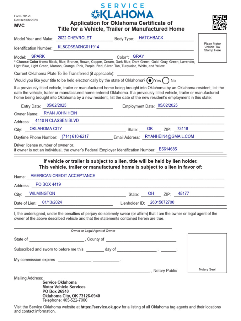 Oklahoma Vehicle Title Application Form | PDF | Tire | Department Of ...