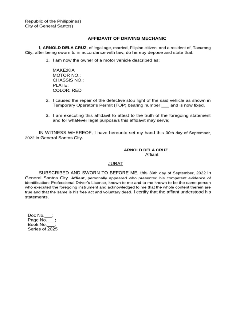AFFIDAVIT OF DRIVING MECHANIC-j | PDF