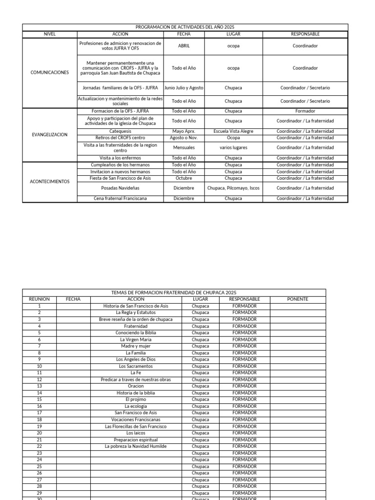 Plan Anual de La Ofs - Jufra Chupaca 2025 . | PDF | Órdenes y sociedades católicas