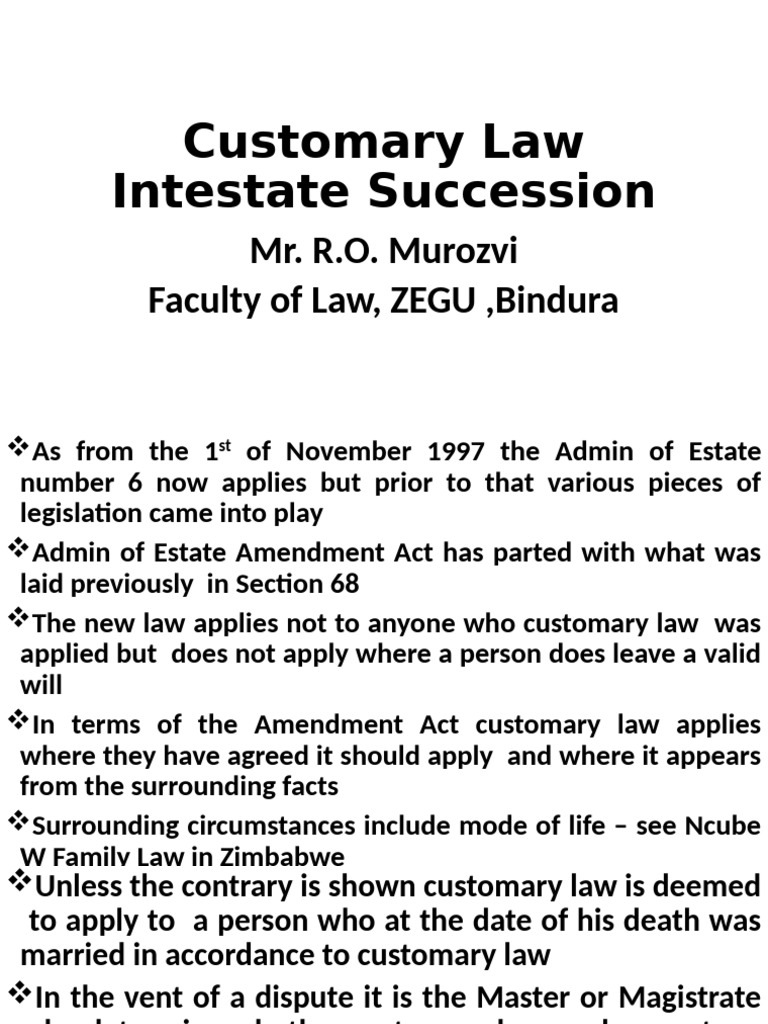 Customary Law Intestate Succession | PDF | Inheritance | Marriage