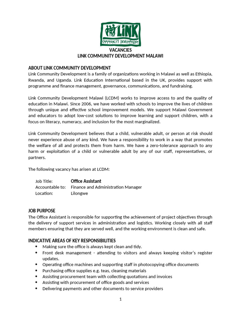 Office Assistant Vacancy at LCDM | PDF | Malawi