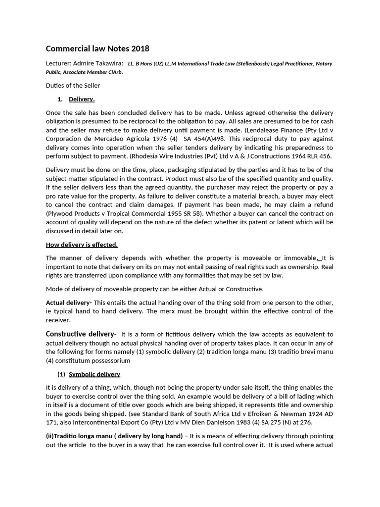 Commercial Law Notes | PDF | Breach Of Contract | Implied Warranty
